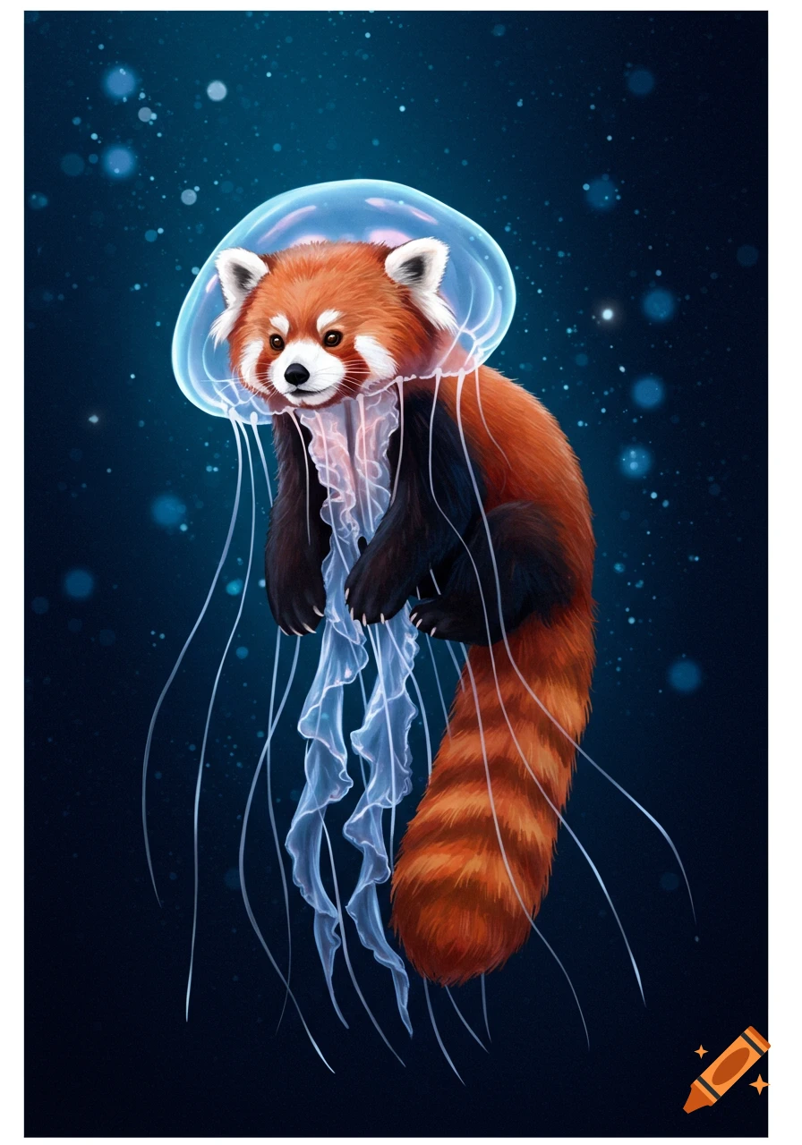 Digital painting of a red panda merged with a jellyfish, floating in ...