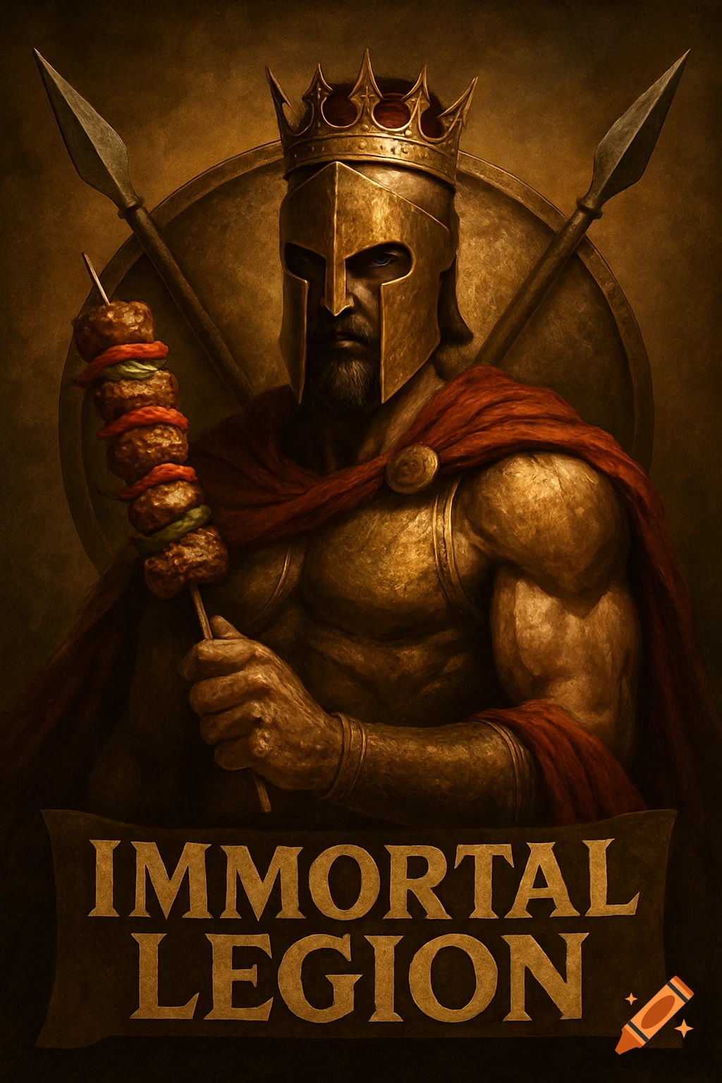 A regal Spartan soldier in a golden helmet and crown holds a kebab ...