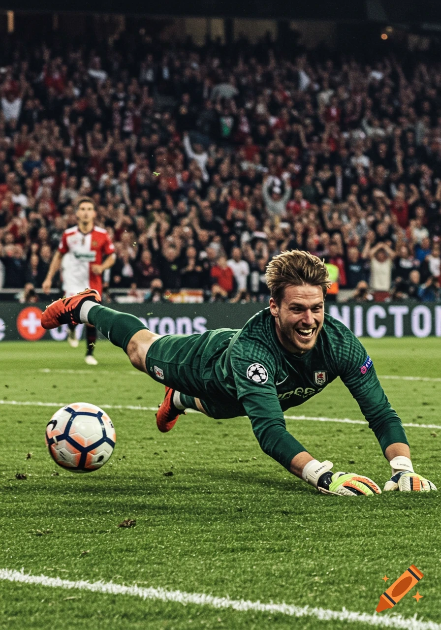 Photorealistic image of a soccer goalkeeper diving horizontally to save ...