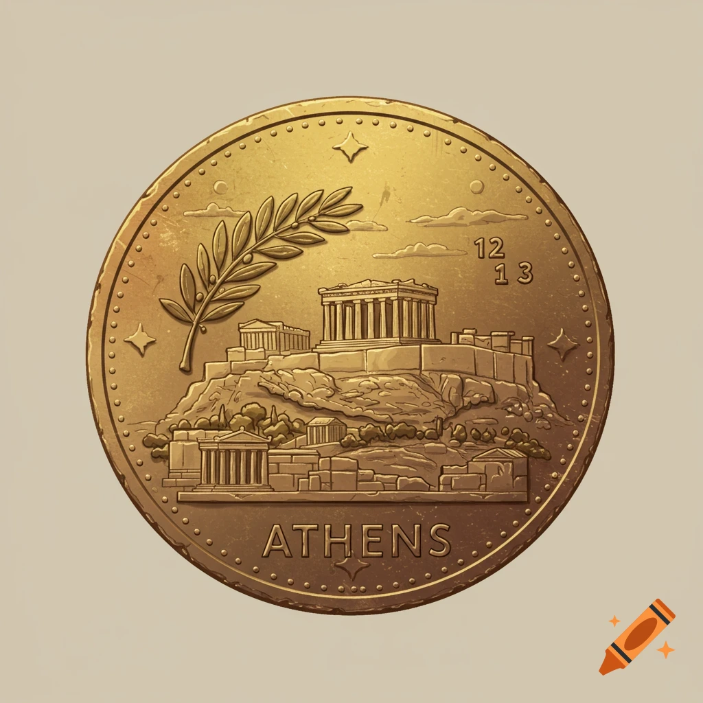 Gold coin featuring the Acropolis, Parthenon, and 'ATHENS' text in a ...