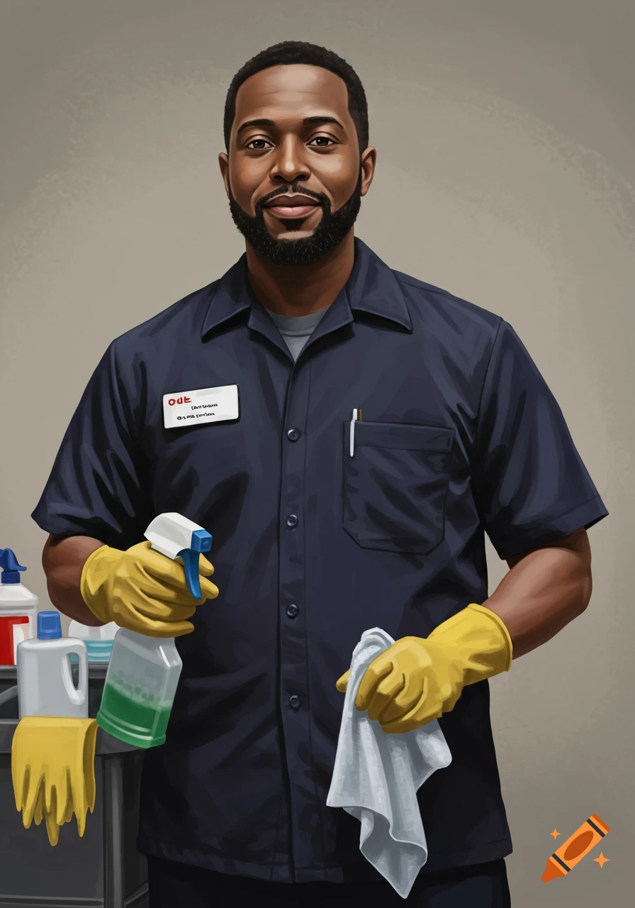 Illustration of a black man in a dark blue janitor uniform with yellow gloves, holding a spray ...