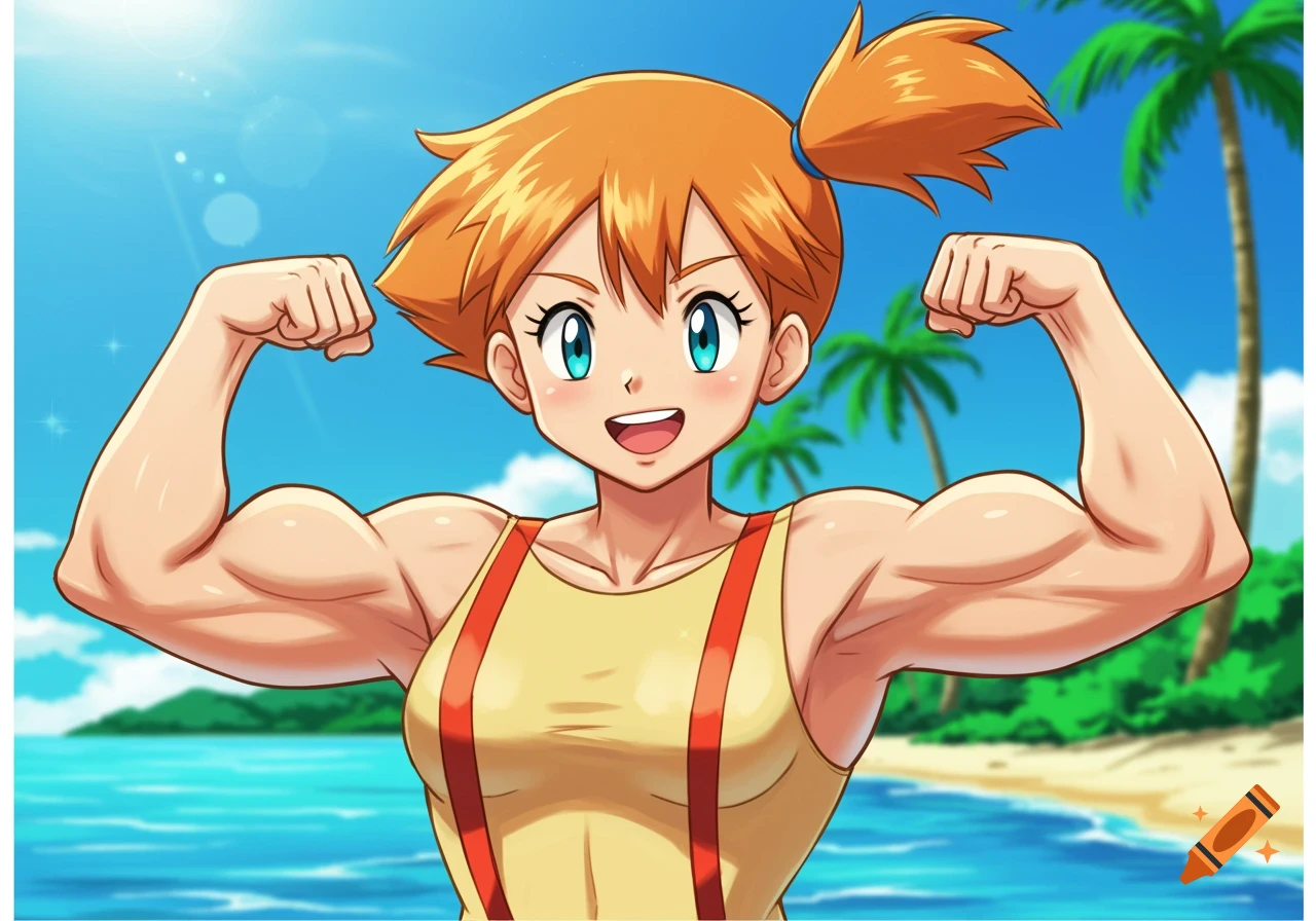 Misty from Pokemon flexing her muscles on a sunny beach in anime style ...