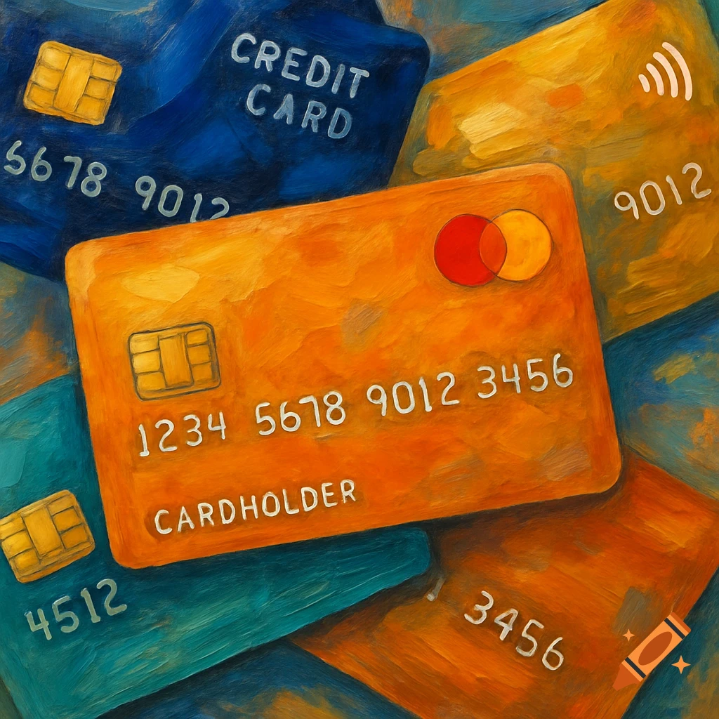Close-up view of overlapping credit cards in a painterly style on Craiyon
