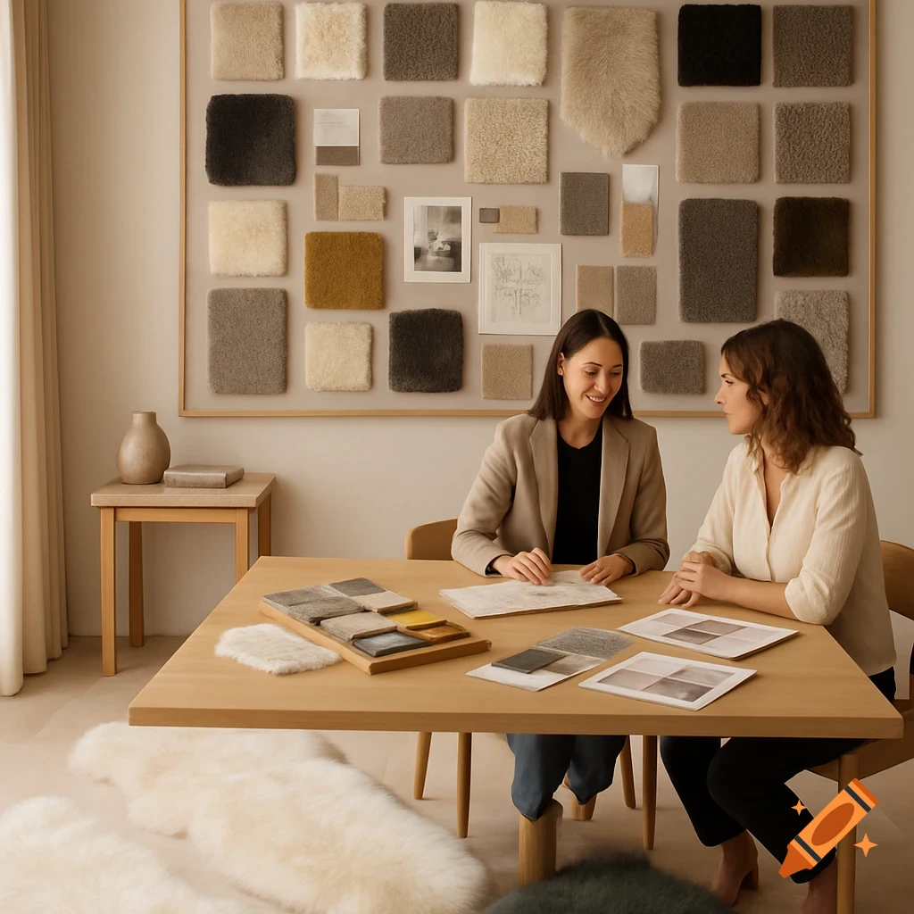 Two women discuss rug samples and designs in a modern interior design ...