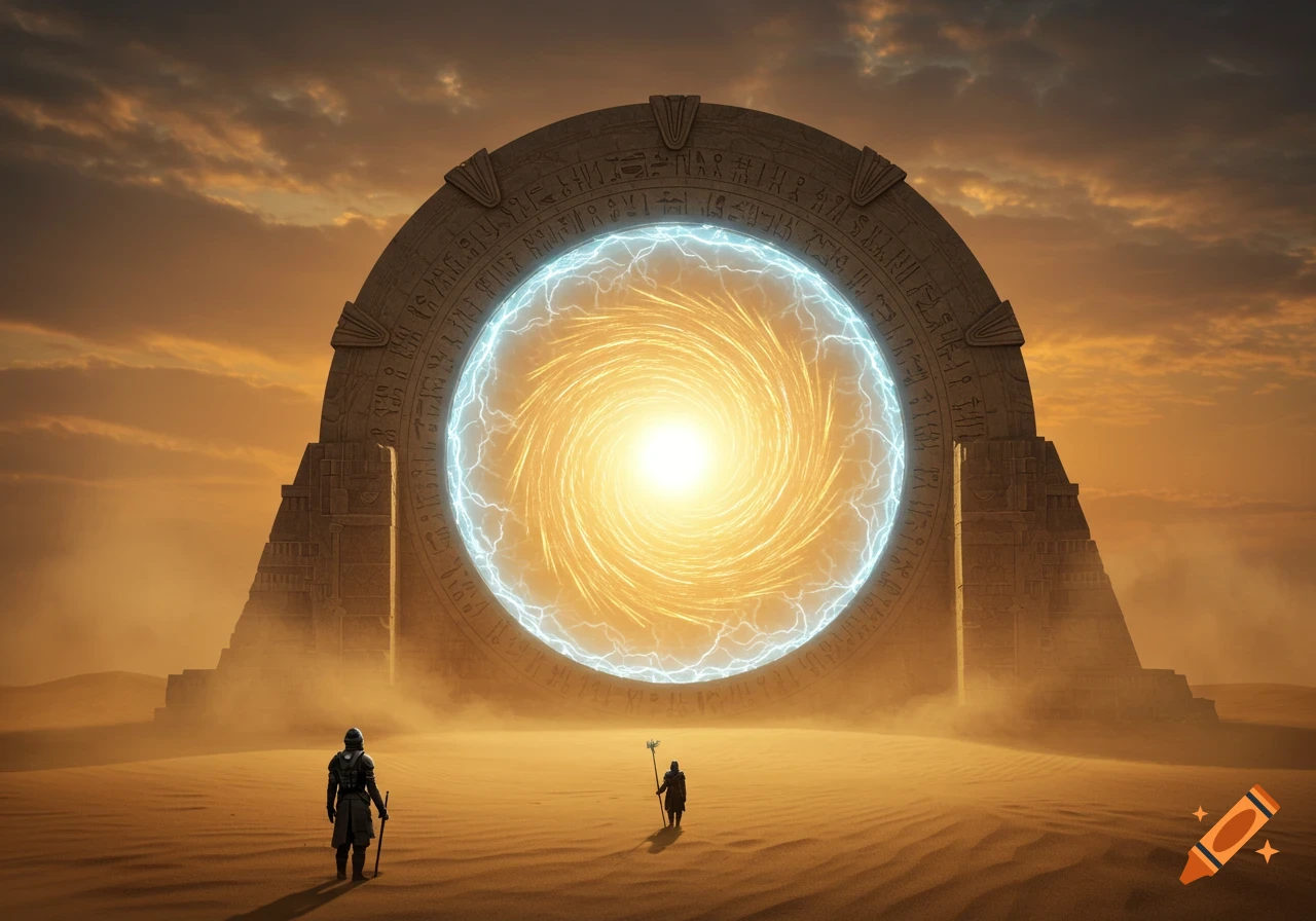 Two figures approach a massive ancient stone stargate with a swirling ...