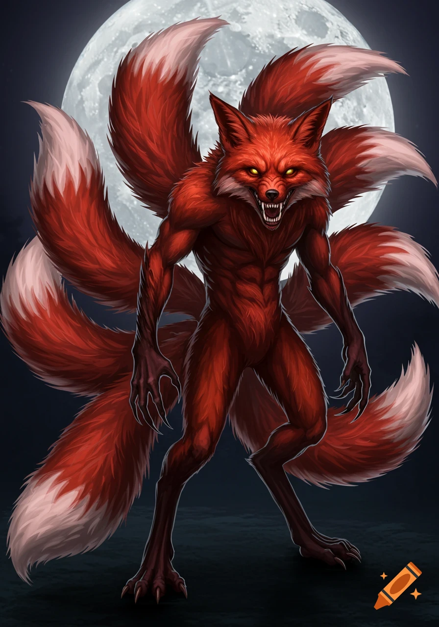 Red nine-tailed fox monster with multiple arms, glowing eyes, and sharp ...