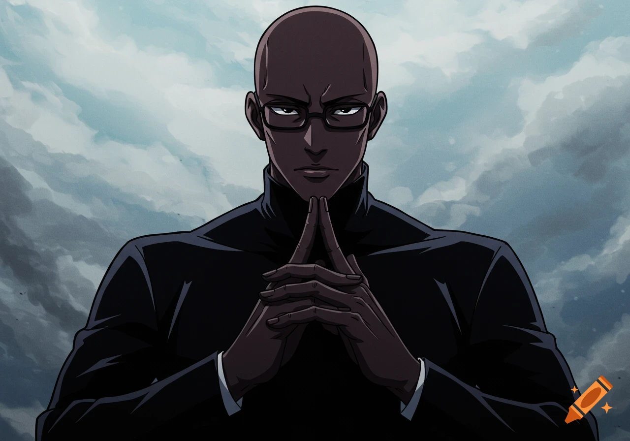 Anime portrait of a bald man with glasses in a Gendo pose against ...
