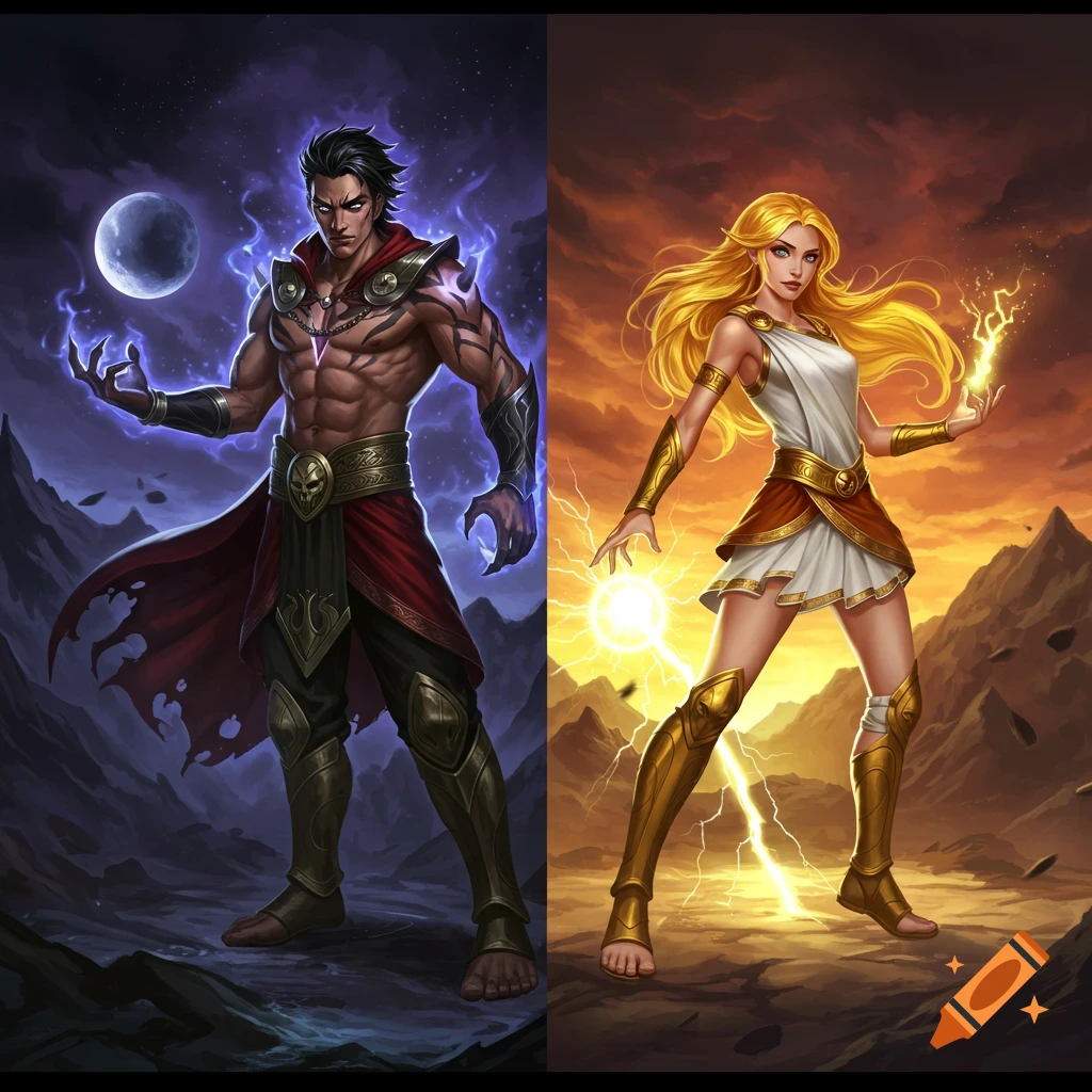 Illustration of two powerful fantasy characters, one dark with moon ...