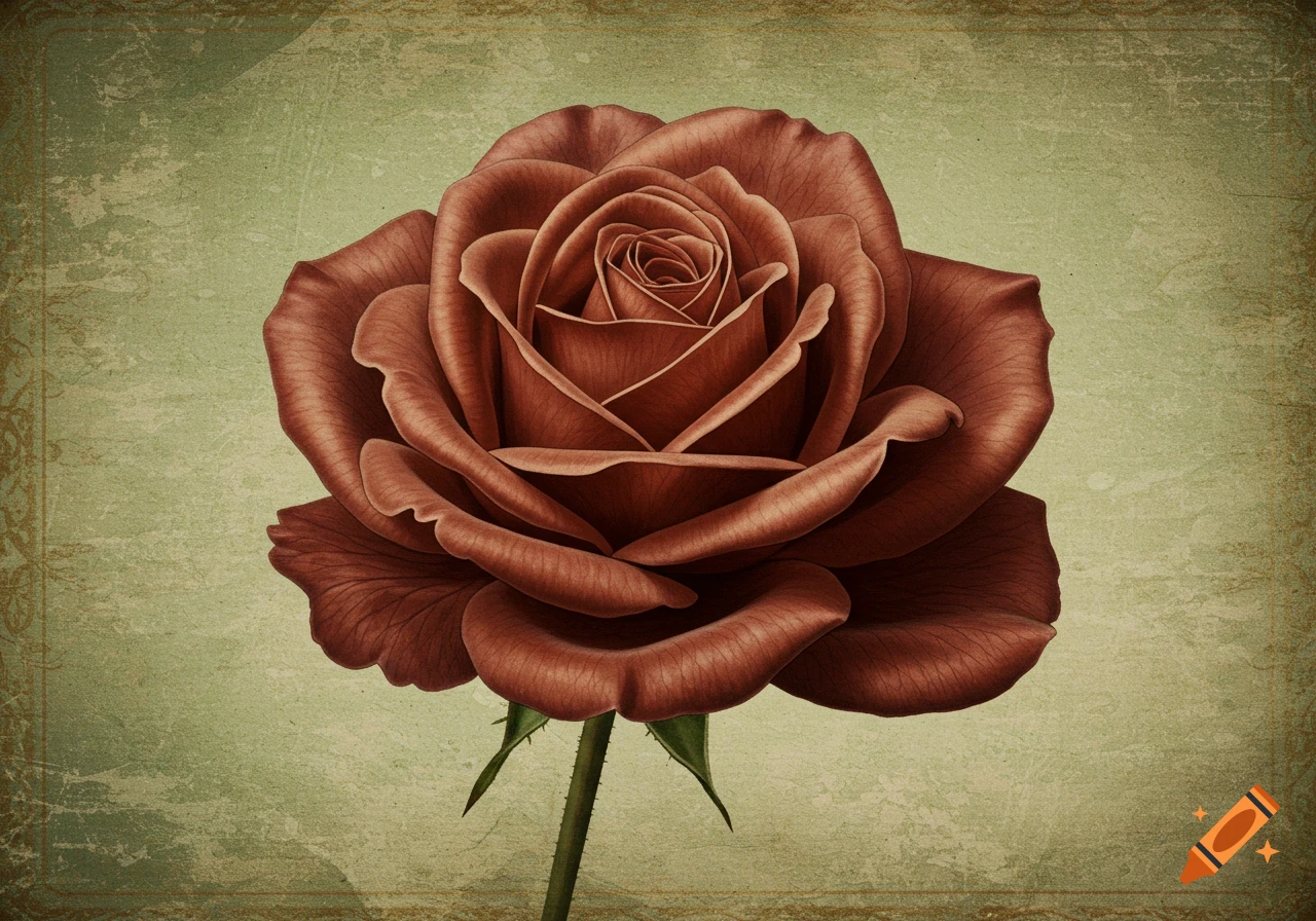 Vintage illustration of a reddish-brown rose on a textured green ...