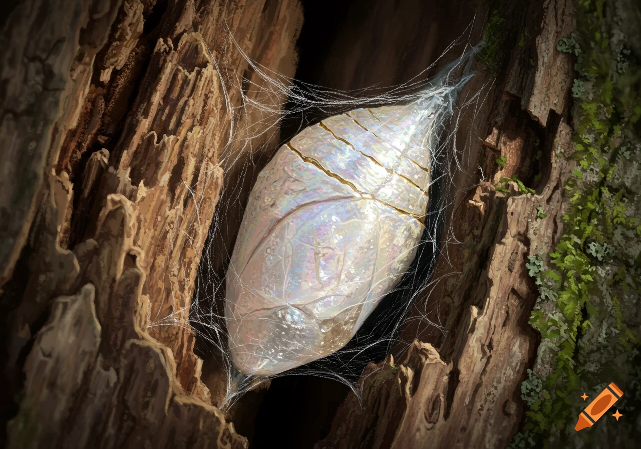 An iridescent chrysalis hangs inside a hollow tree trunk, surrounded by ...