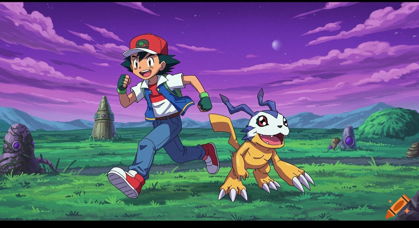 Ash Ketchum and Augumon run through a vibrant purple alien landscape in ...
