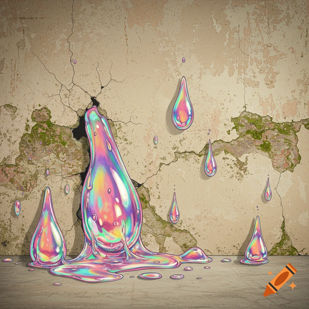Iridescent liquid drips and pools from a crack in a textured wall on ...