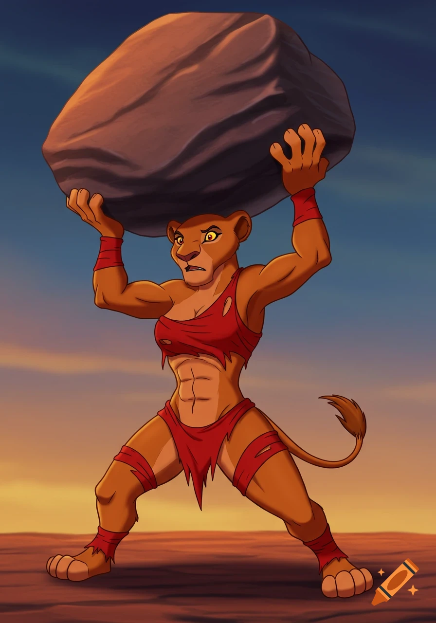 Cartoon lioness with ripped red clothing holds a large rock overhead ...