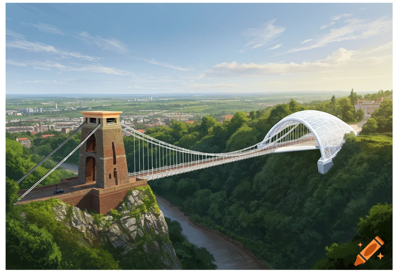 Illustration of a modern arch bridge beside a suspension bridge over a ...