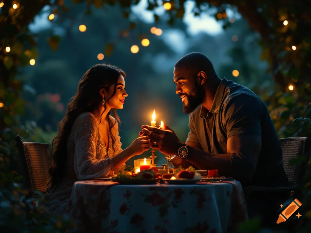 A couple having a romantic candlelight dinner in a magical garden at night. on Craiyon