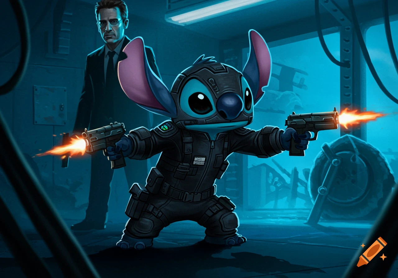 Stitch in tactical gear dual-wielding pistols in a dark room, with a ...