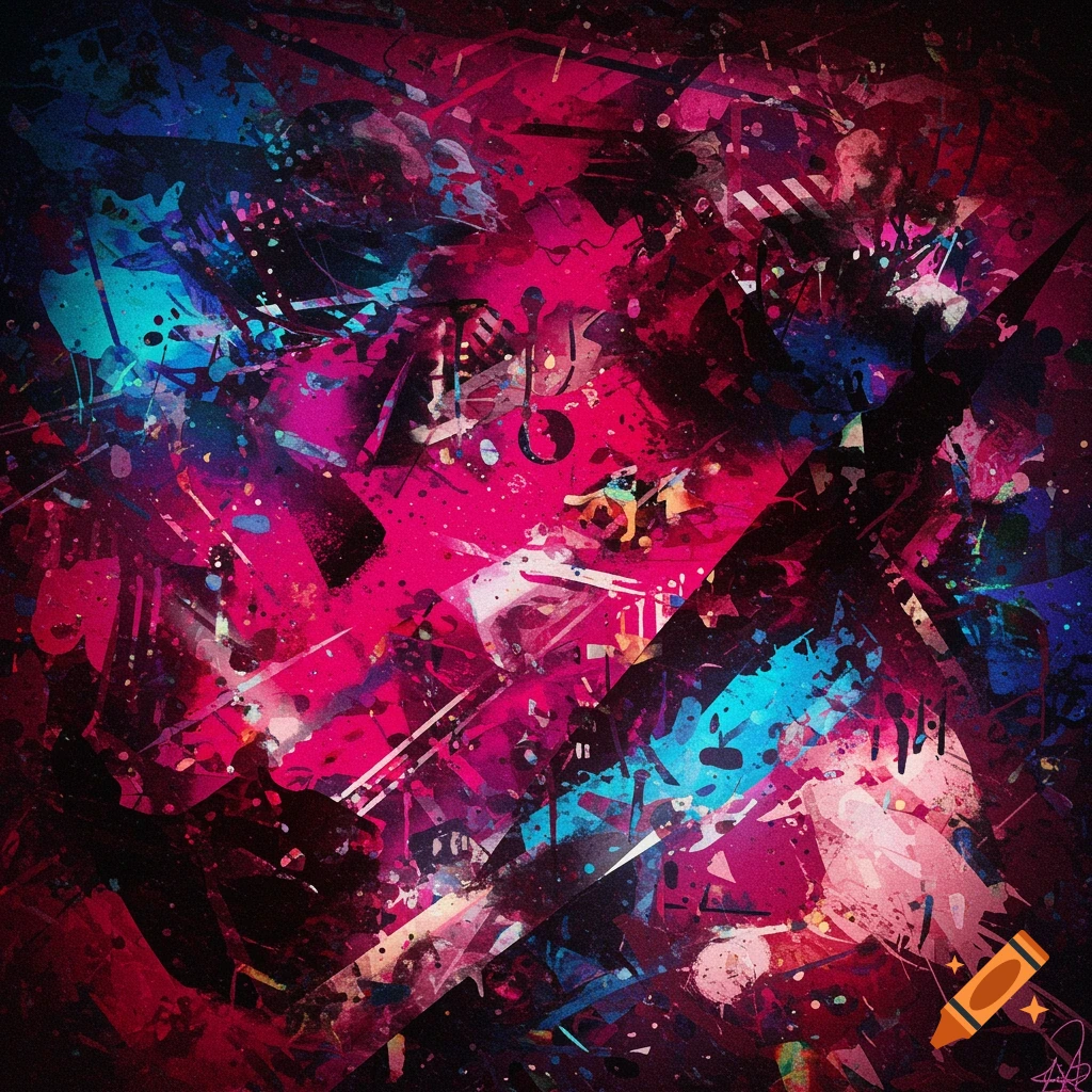 Abstract expressionist painting with pink, blue, and black splatters ...