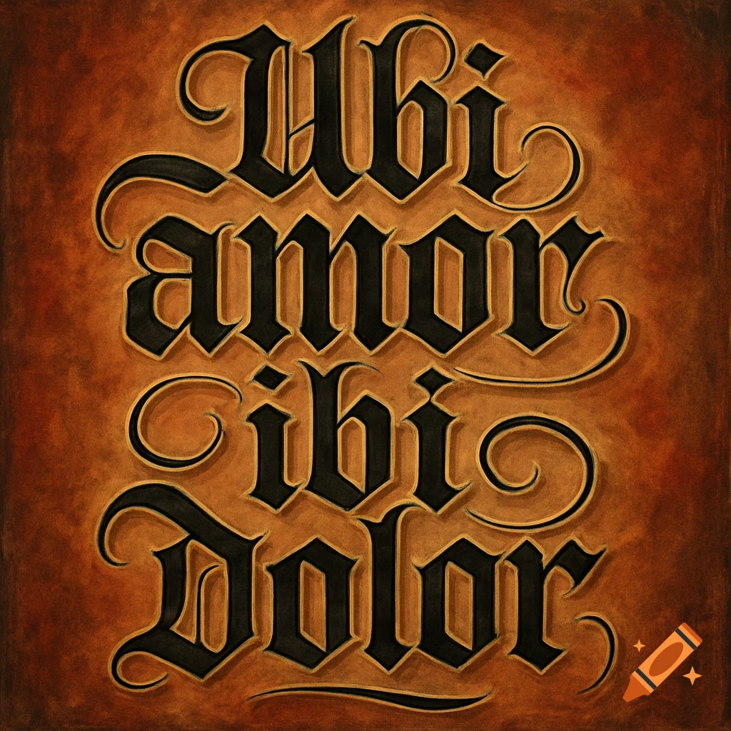 Black gothic calligraphy spells "Ubi amor ibi dolor" on a brown ...