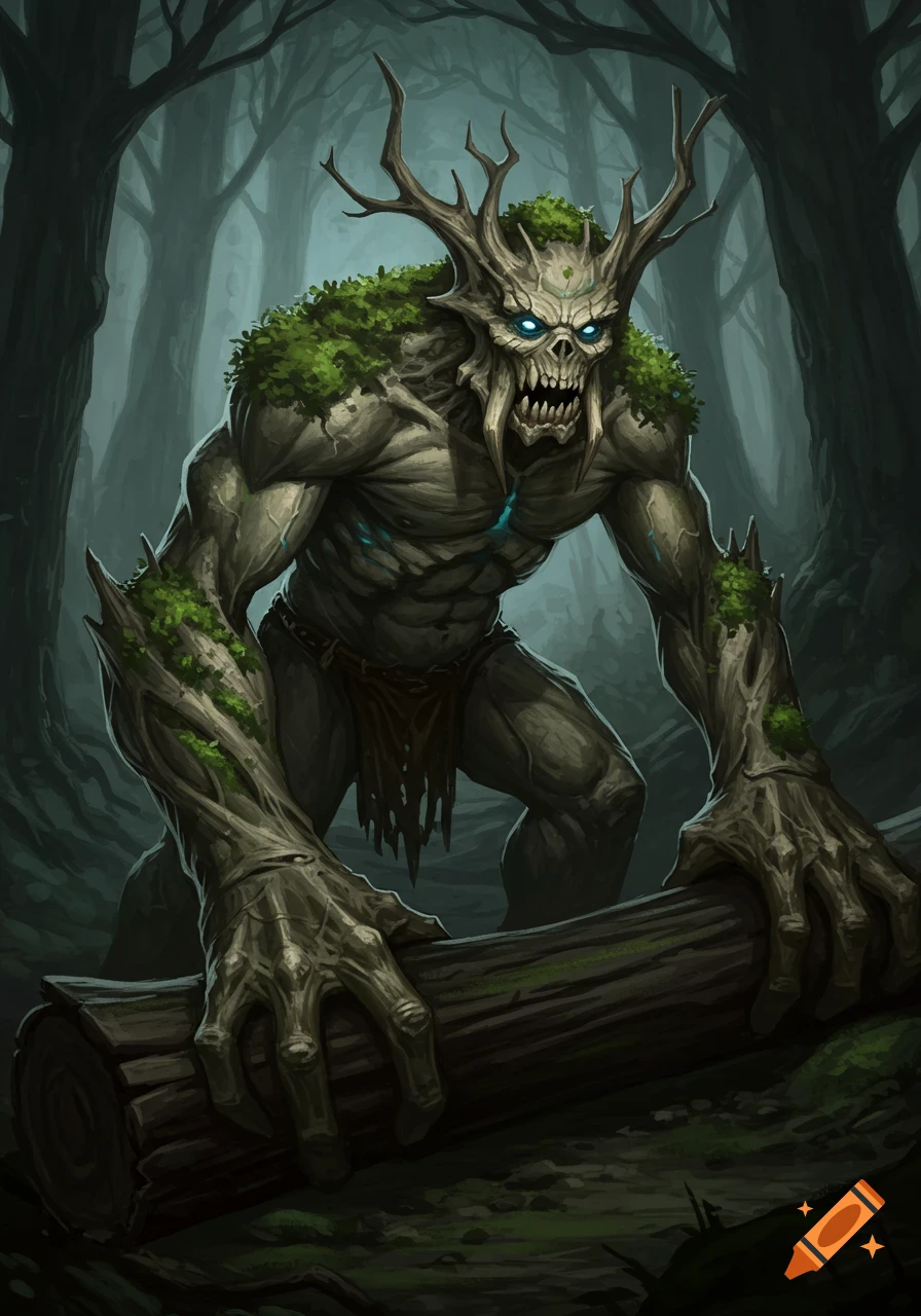 A monstrous, tree-like creature with glowing eyes stands in a dark ...