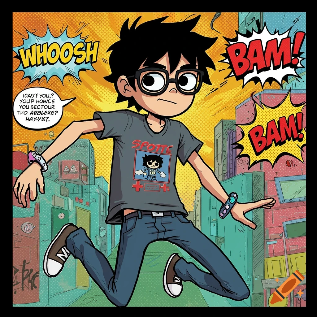 Male character with glasses jumps in Scott Pilgrim comic style ...