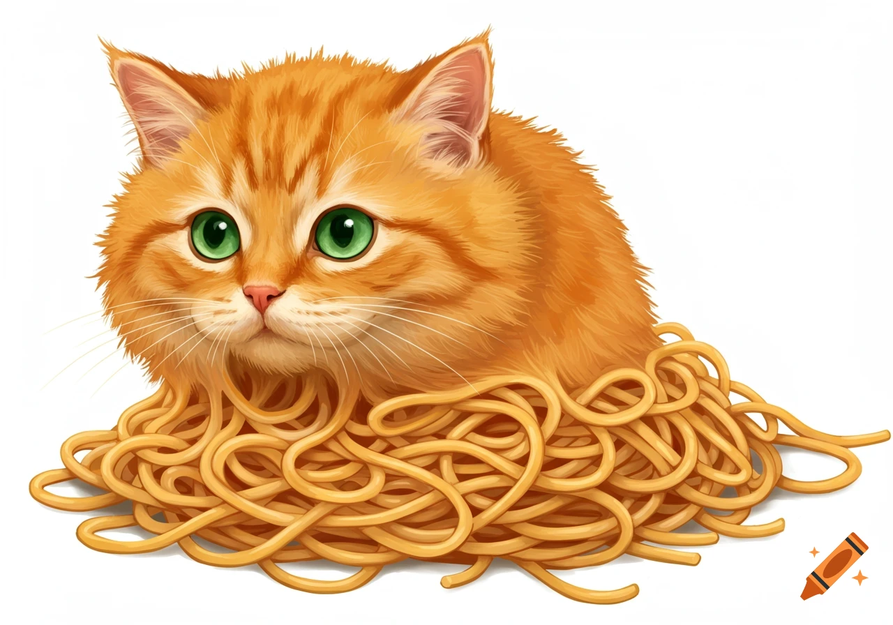 Illustration of an orange cat with green eyes sitting in a pile of ...