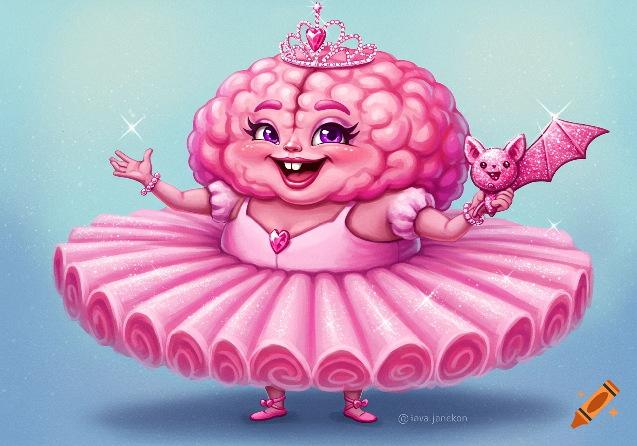 Pink cartoon brain character wearing a tiara and tutu, holding a ...