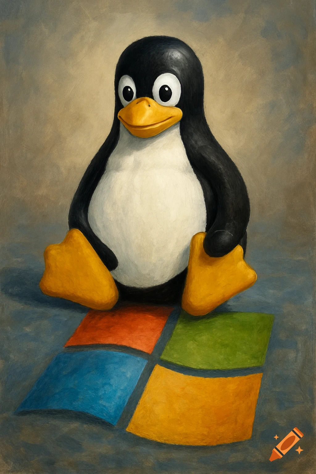 A cartoon penguin sits over the Microsoft Windows logo in a painterly ...