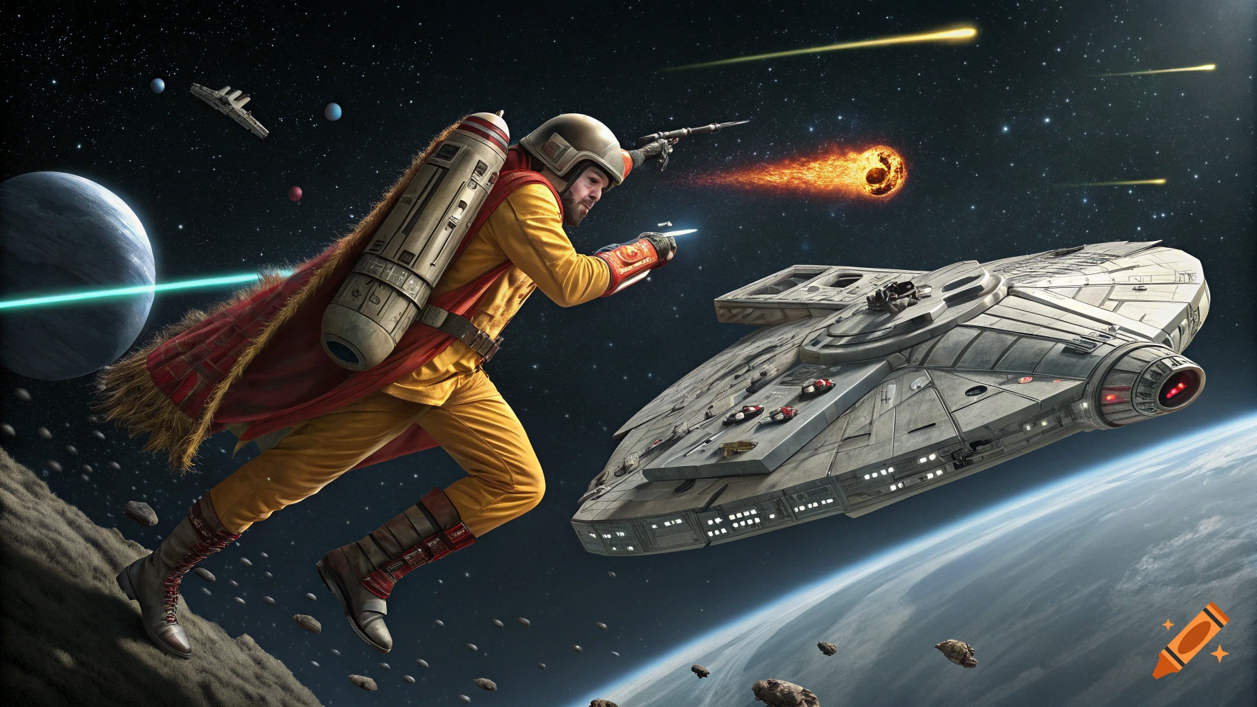 A superhero flies in space battling a large spaceship. Stars, planets ...