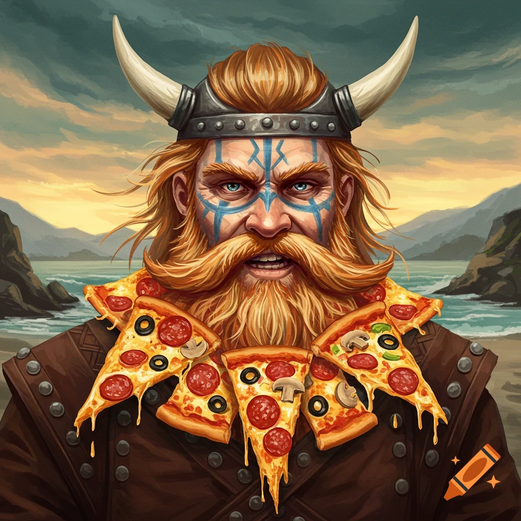 Illustration of a fierce Viking with a pizza beard on a coastline. on ...