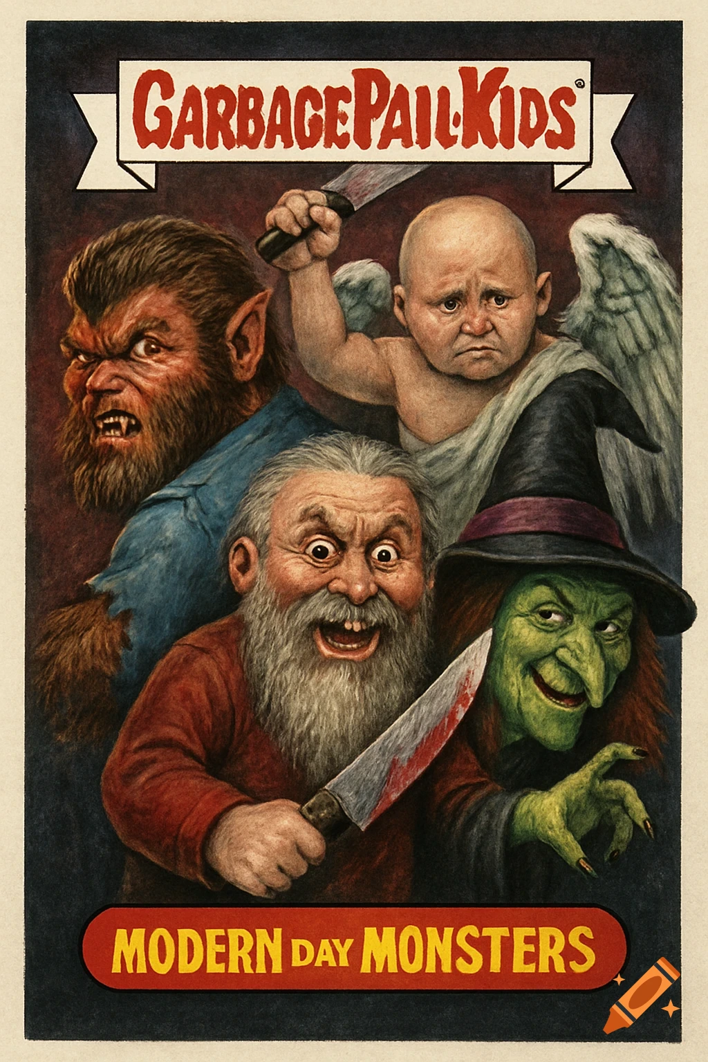 Garbage Pail Kids style illustration of a werewolf, angel, man, and ...