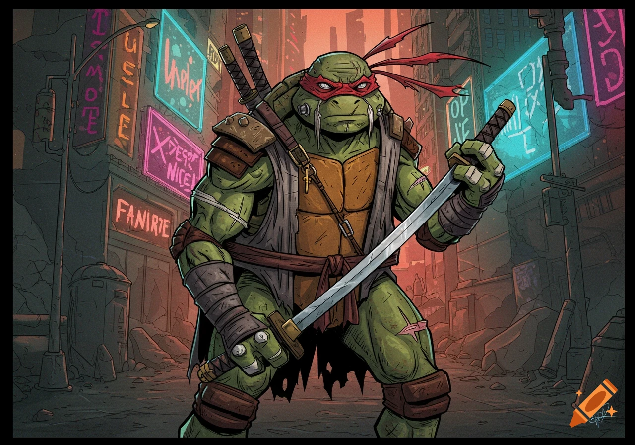 A Teenage Mutant Ninja Turtle stands with a sword in a cyberpunk city ...