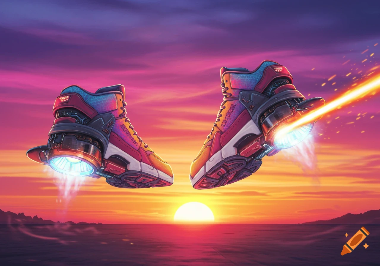 Futuristic jet-powered shoes flying over water at sunset, digital art ...