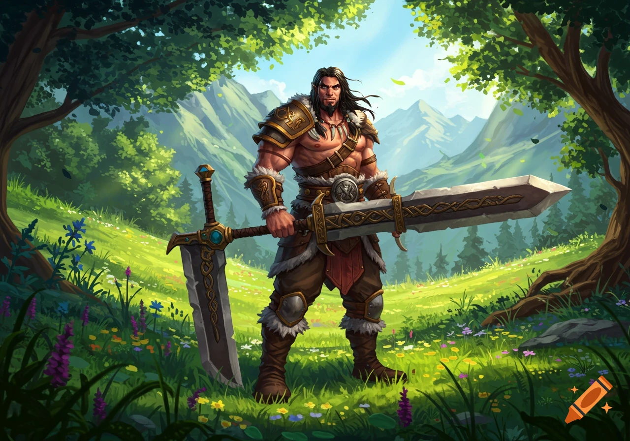 A barbarian warrior holds a large sword in a flowery mountain glade ...