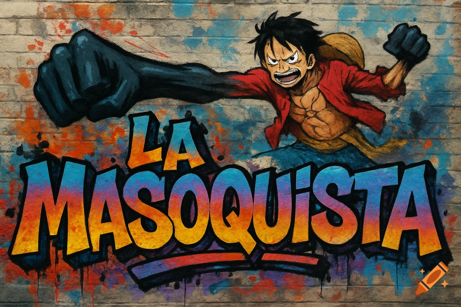 Luffy from One Piece throws a punch over vibrant graffiti text on a ...