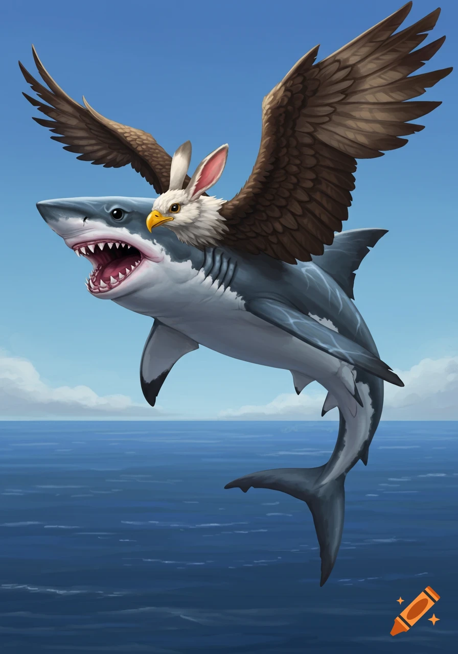 A flying shark with eagle wings and bunny ears soars over the ocean ...
