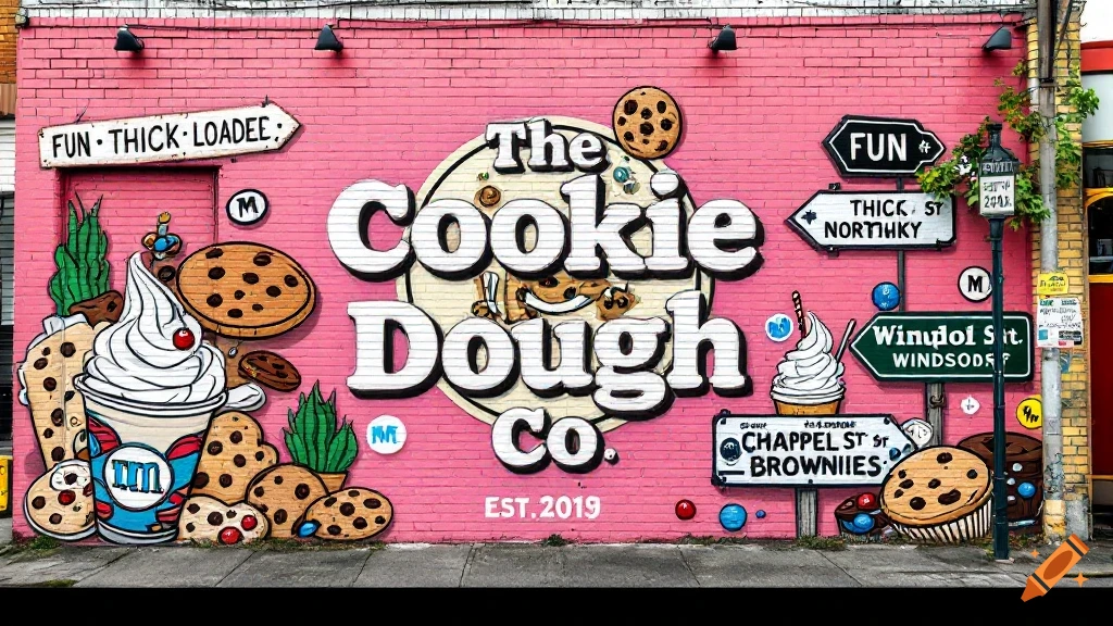 Cartoon mural of cookies, ice cream, and signs on a pink brick wall. on ...