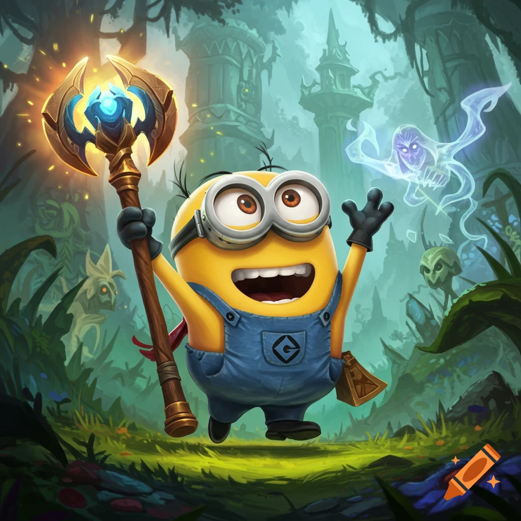 A Minion in overalls holds a glowing staff in a fantasy jungle ruin ...
