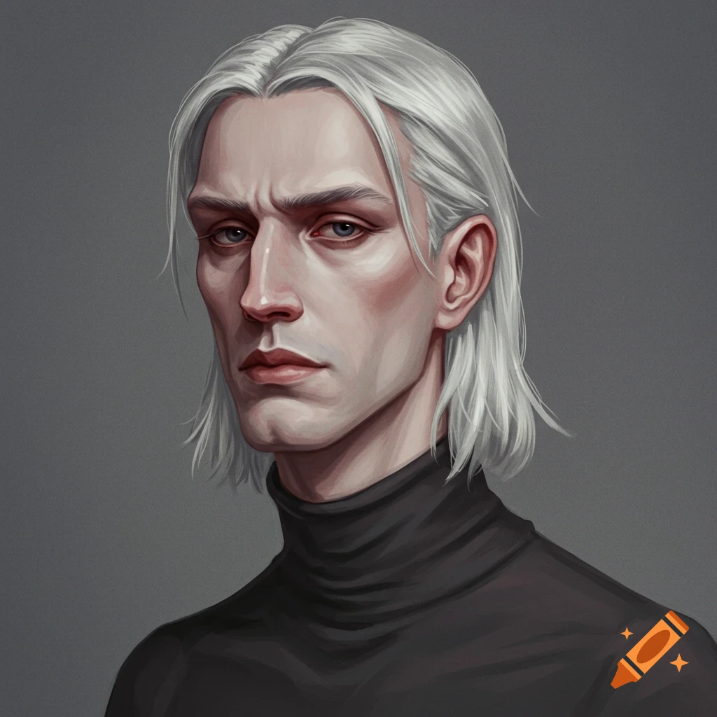 Stylized portrait of a pale-skinned man with silver hair in a black ...