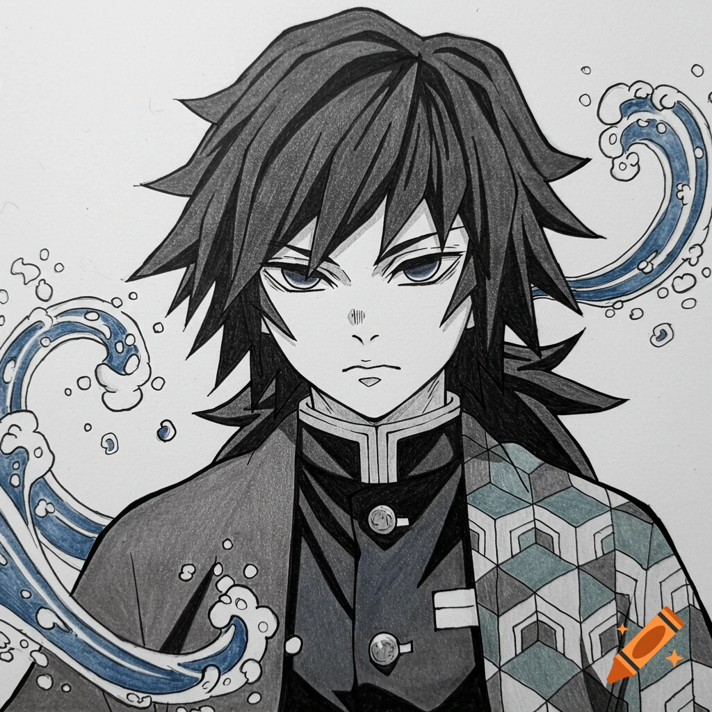 Pencil drawing of anime character Giyu Tomioka with water effects. on ...