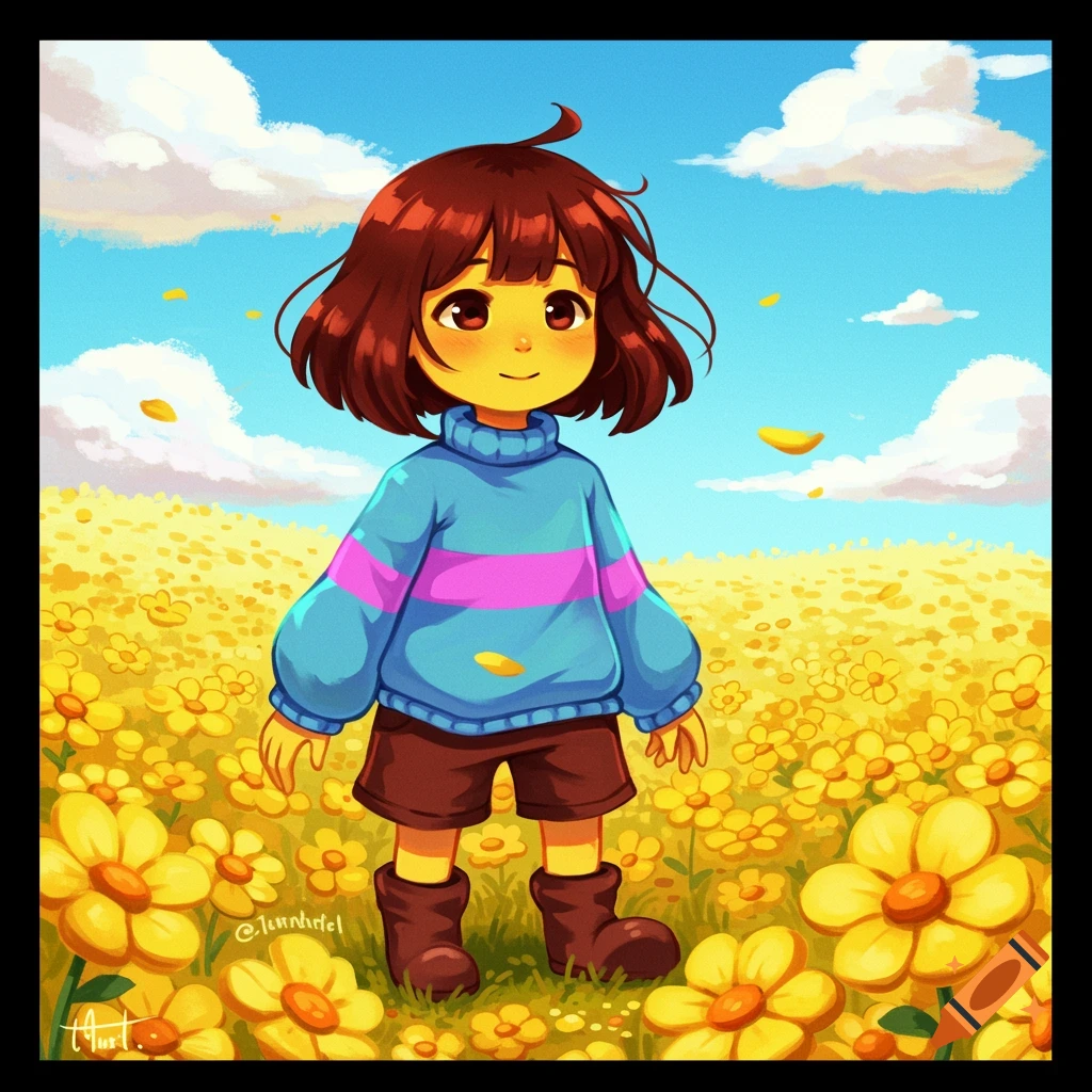 Cartoon image of Frisk from Undertale standing in a sunny field of ...