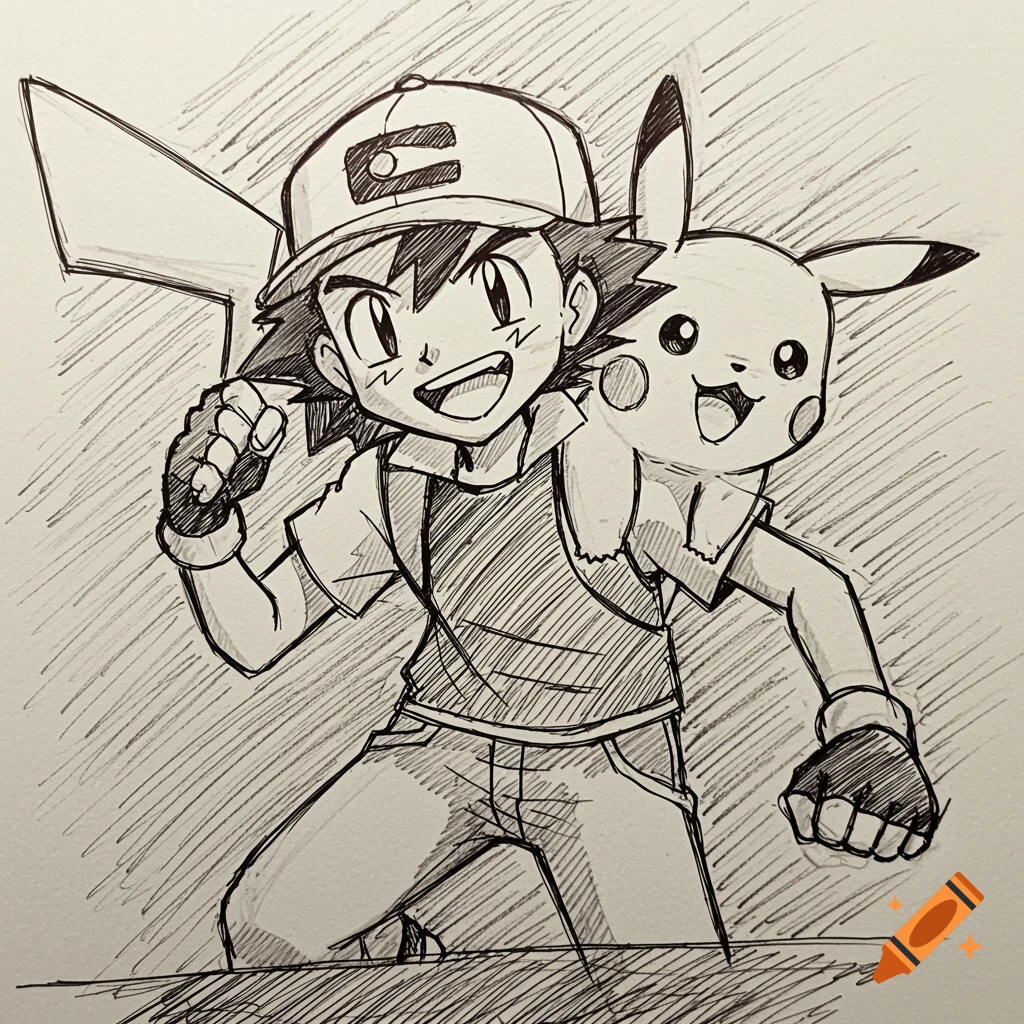 Sketch of Ash Ketchum and Pikachu on Craiyon