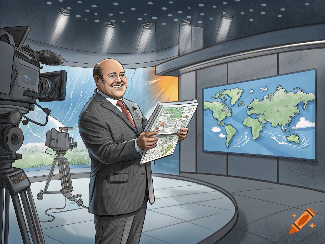 Illustrated news anchor in a studio holds a newspaper, with a map ...