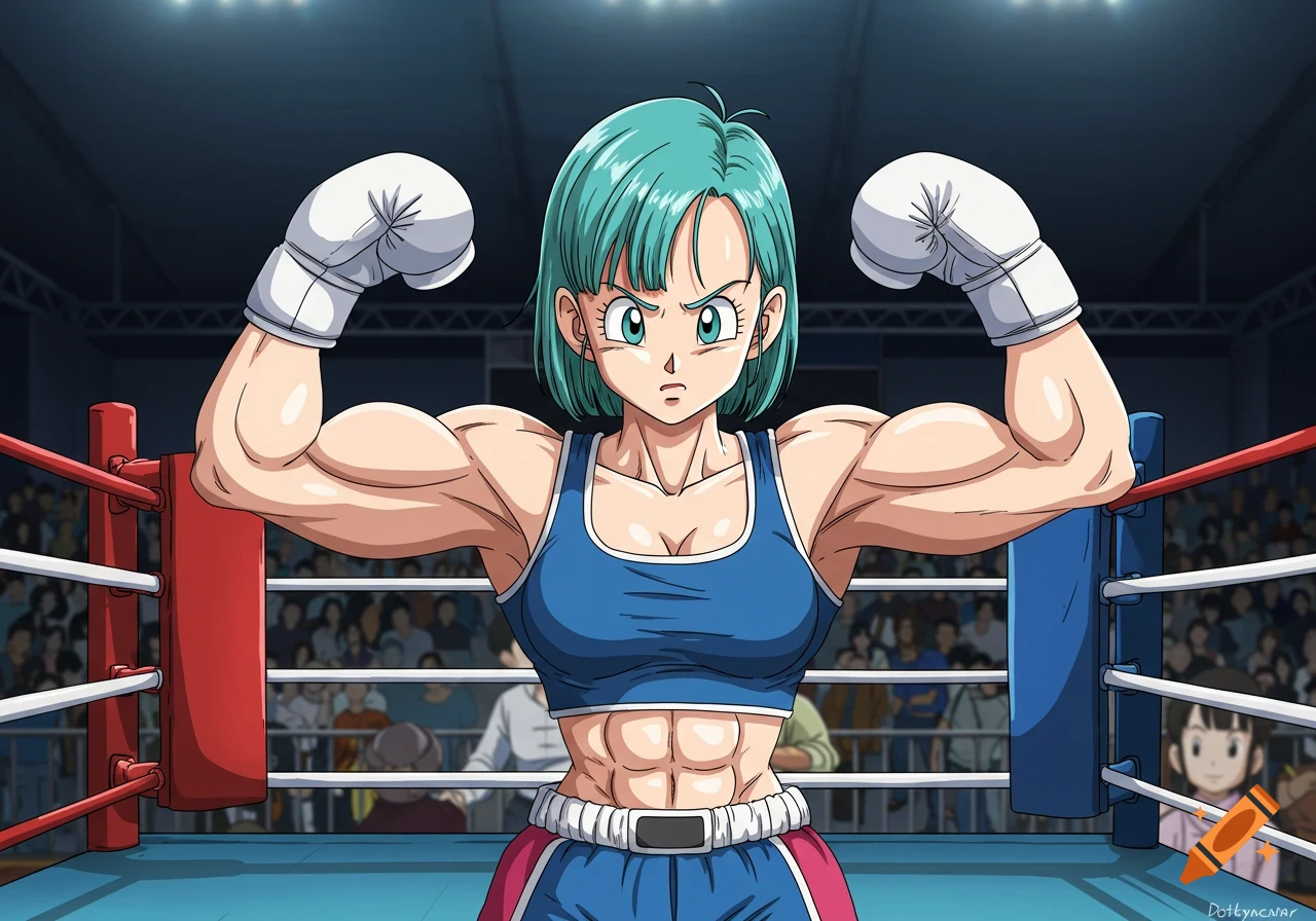 Anime style illustration of Bulma from Dragon Ball Z flexing muscles in ...