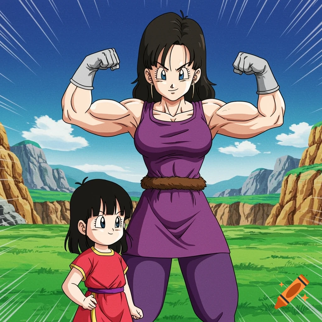 Anime image of Videl flexing her biceps while standing next to her ...