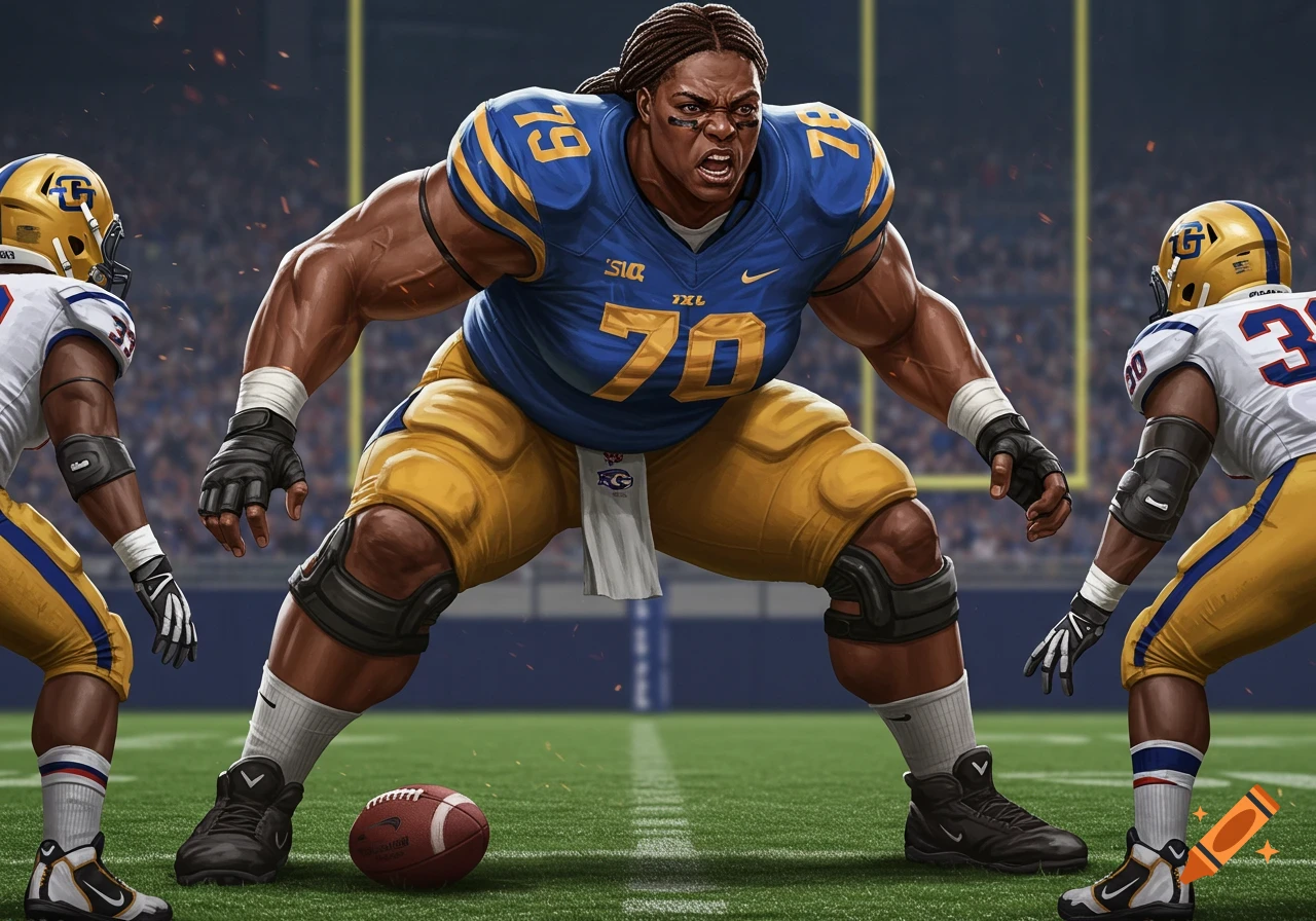 A large, muscular football player in a blue and yellow uniform stands ...