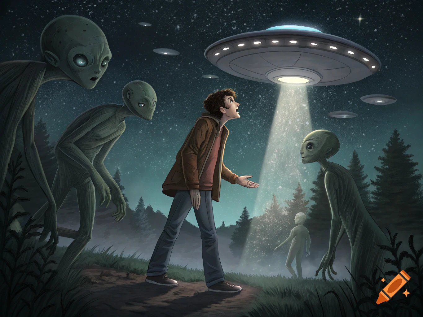 A person looks up at a UFO beaming light down while surrounded by ...