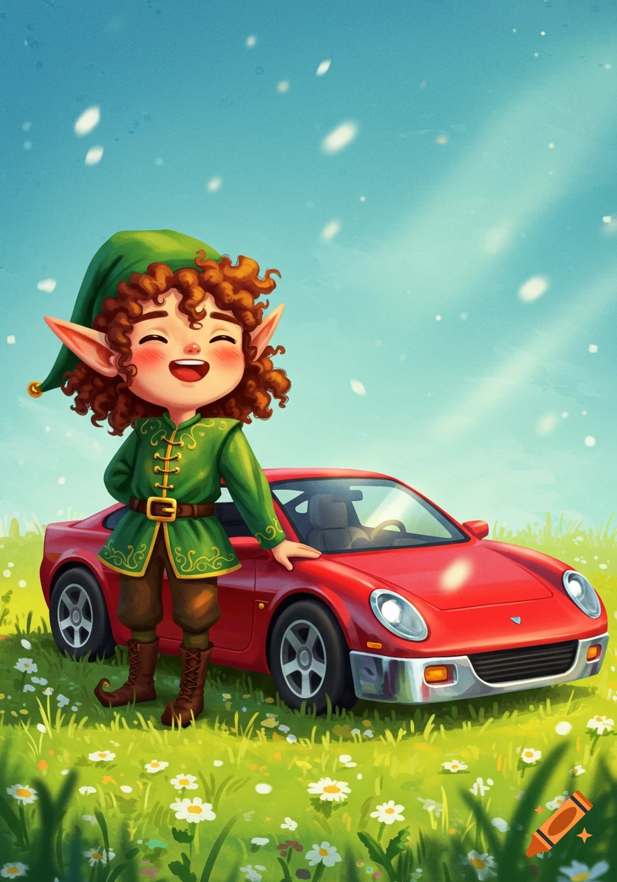 A cheerful cartoon elf with curly brown hair stands next to a red ...