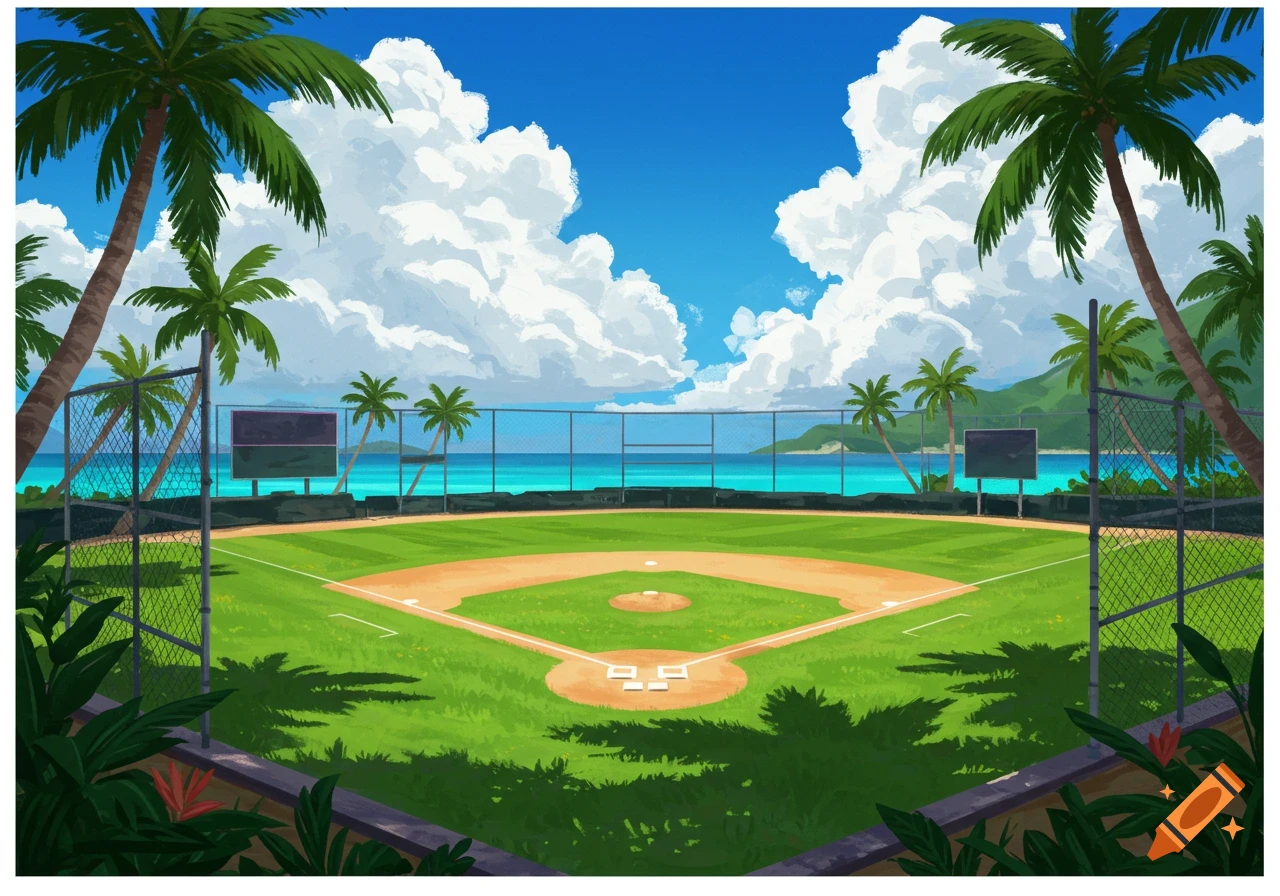 Baseball field on a tropical island overlooking the ocean with palm ...