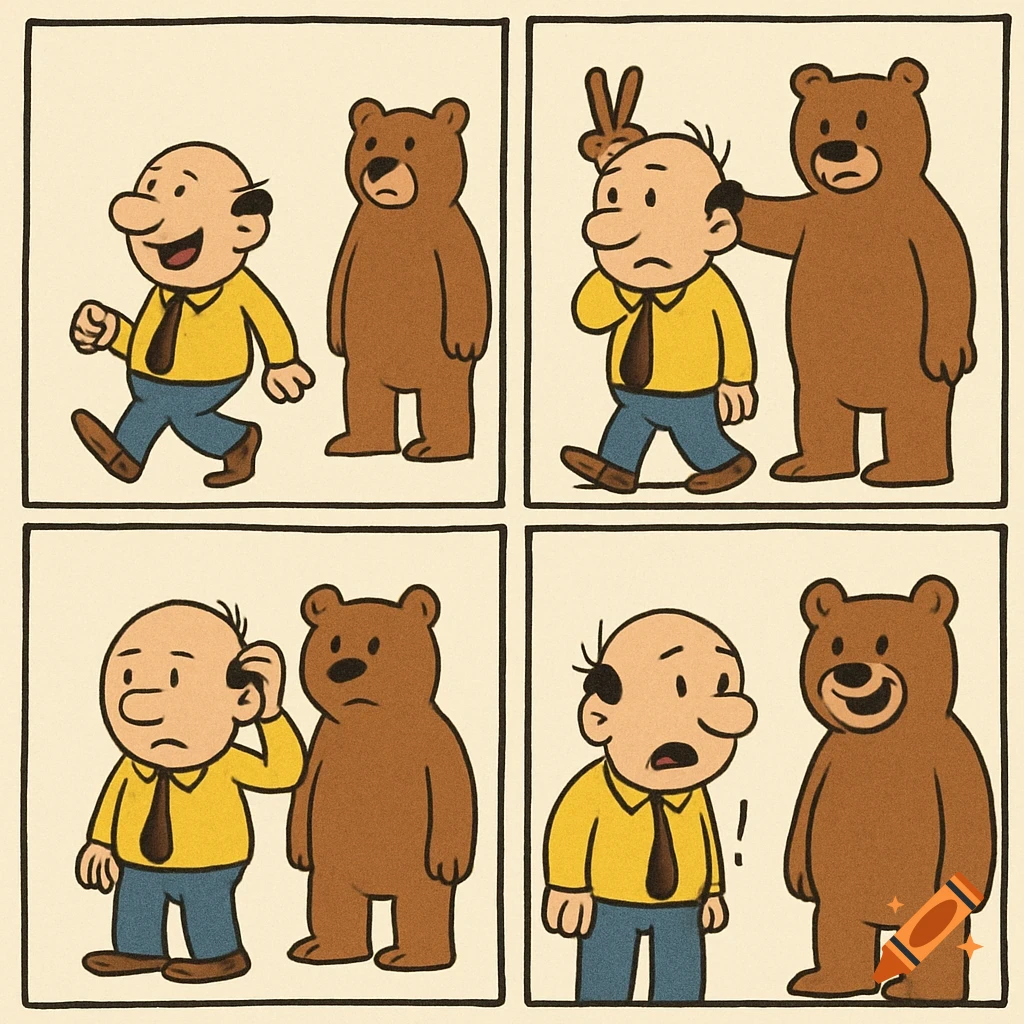 Four-panel comic strip showing a man's reaction to a bear, from walking ...