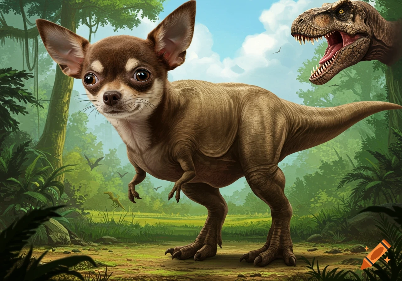 A realistic illustration of a chihuahua with a T-Rex body in a jungle ...